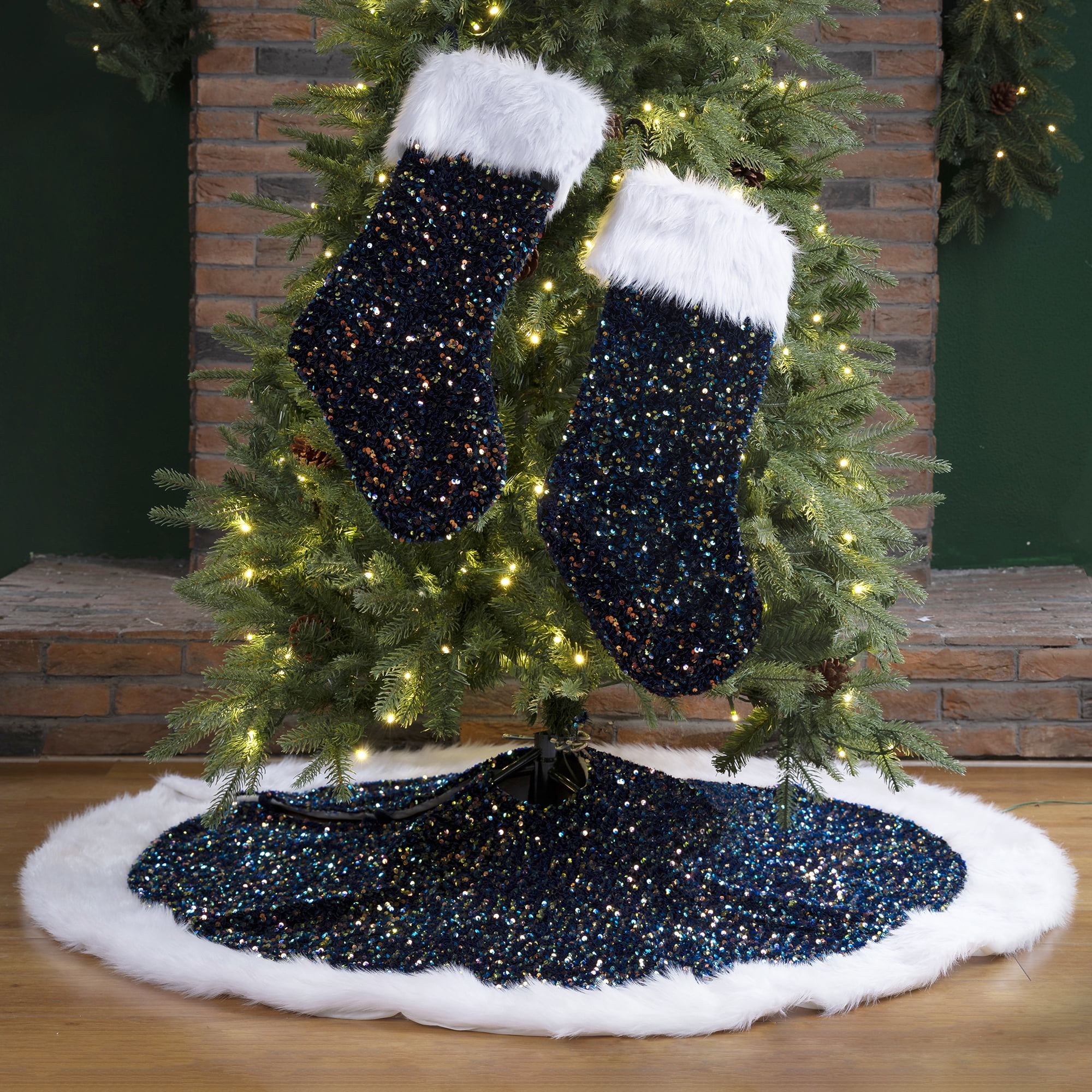 Glitzhome Navy Blue Sequin Christmas Tree Skirt, Set of 3 - Walmart.com