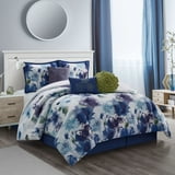 Lanco Midnight Floral Blue 7 Piece Comforter Set, Queen Size, Polyester ...
