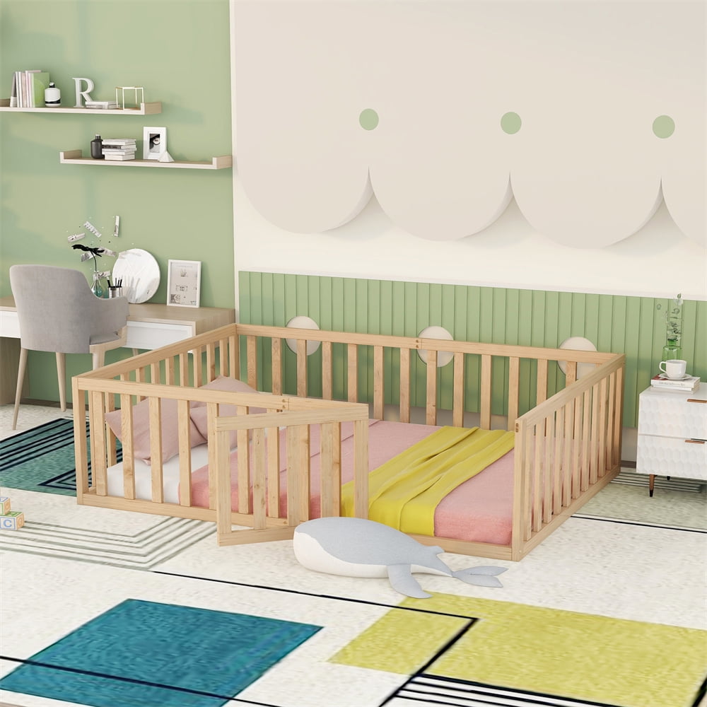 Full Size Pinewood Floor Bed, Kids Floor Bed Frame with Fence-shaped ...