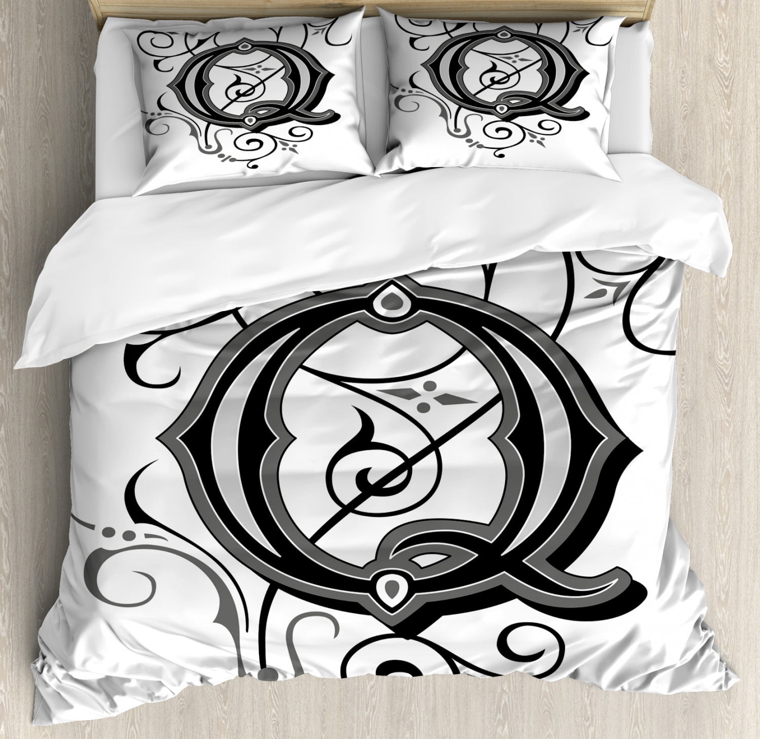 Letter Q Queen Size Duvet Cover Set, Flowers Flourishing Gothic Q Words ...
