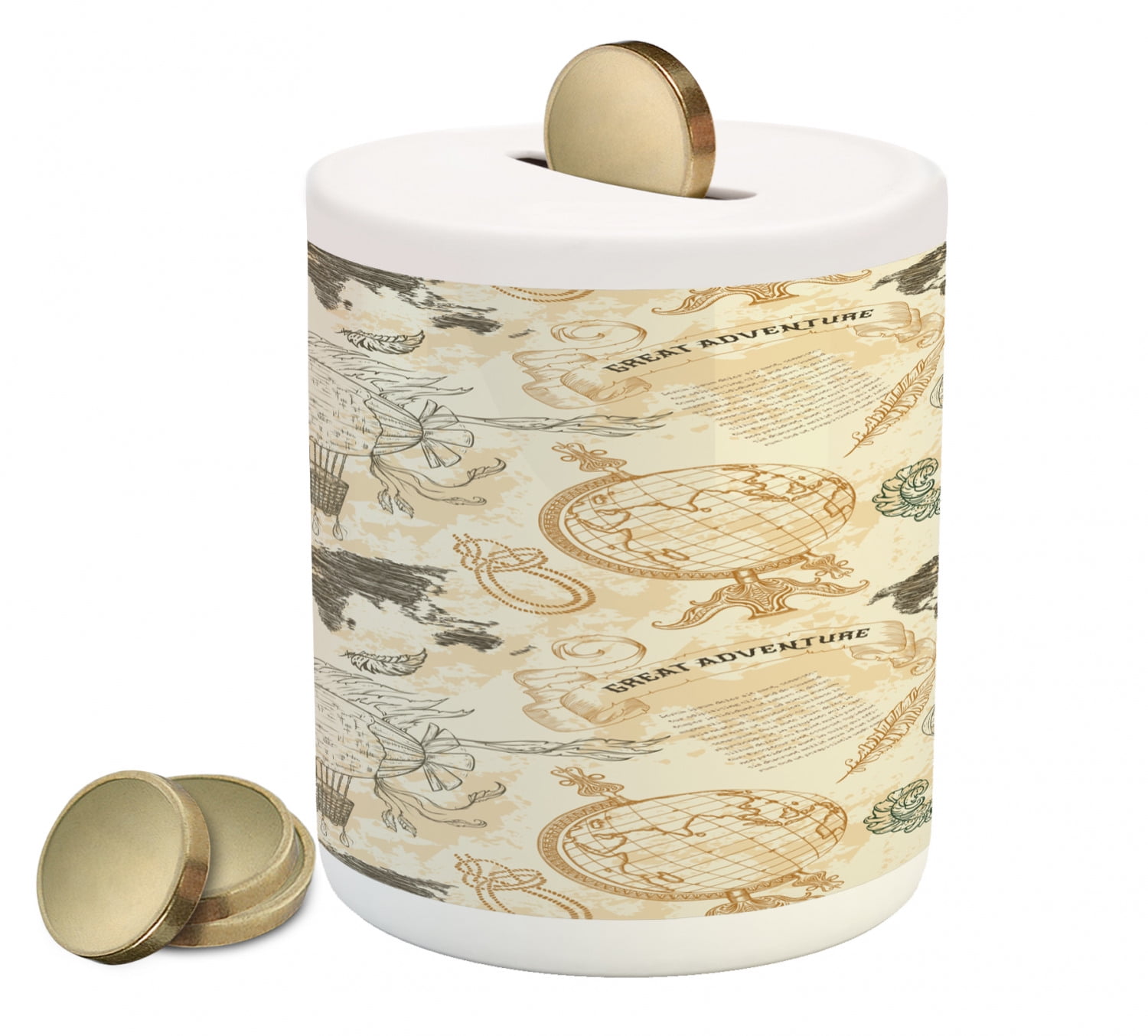 World Map Piggy Bank, Pattern Vintage Globe Atlas Theme Airship Rope ...
