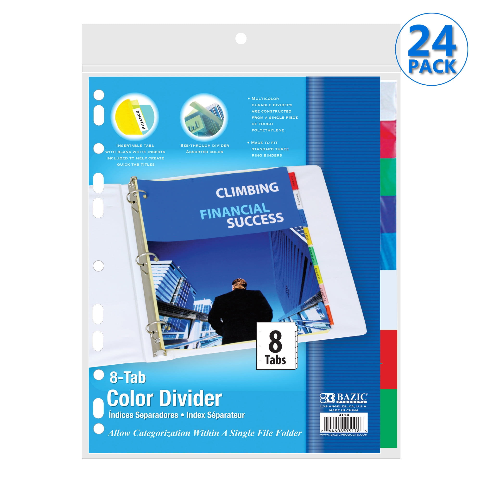 BAZIC Binder Dividers 8 Insertable Color Index Tabs 11 Hole (8/Pack ...