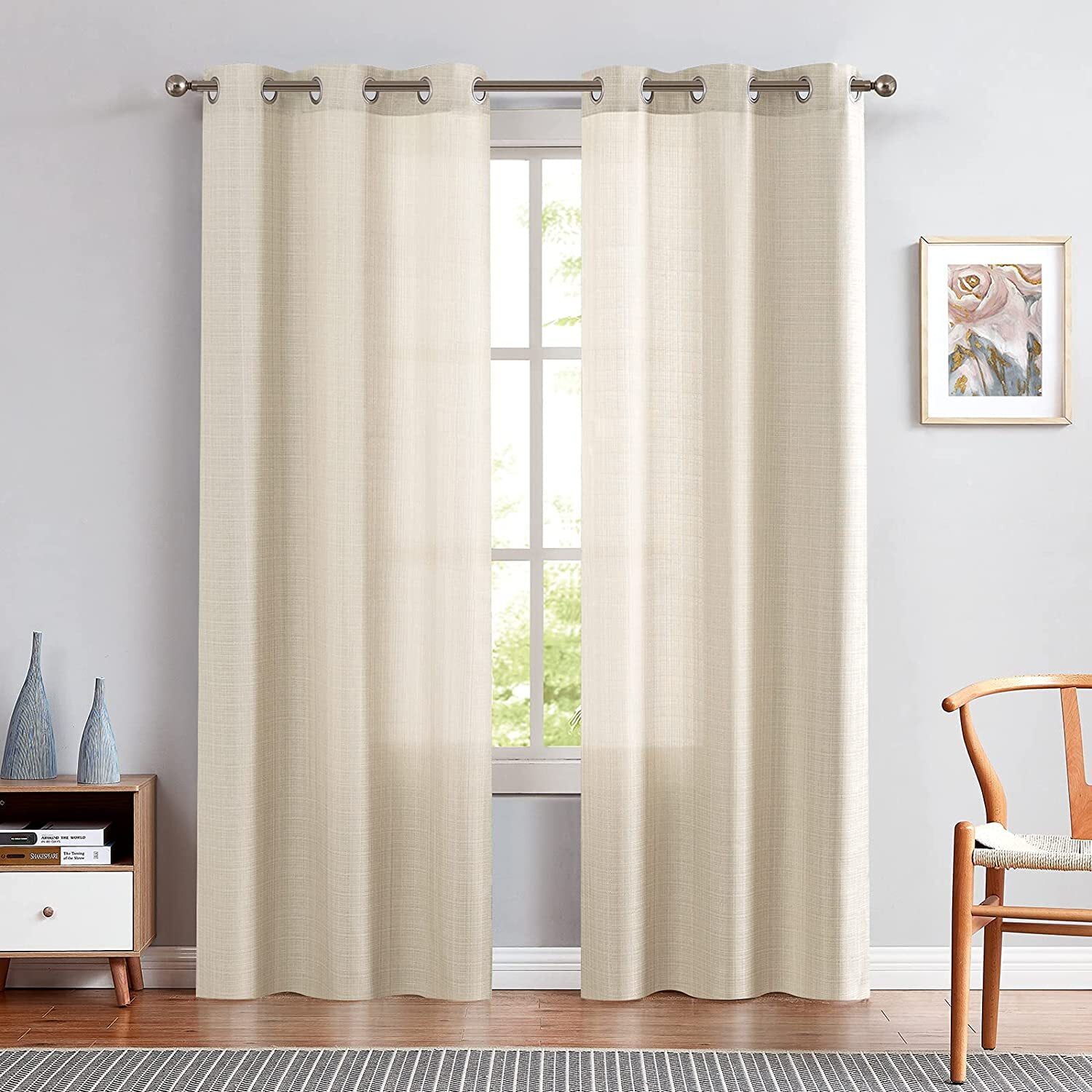 Vangao Living Room Curtains 40" x 96" Beige Semi Sheer Linen Textured ...