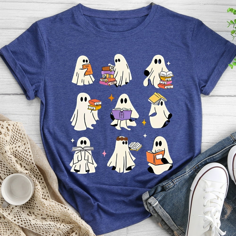 Generic Halloween Decor Halloween Ghost Reading Book T-Shirt Tee-0019307-Retro Blue-L Xl