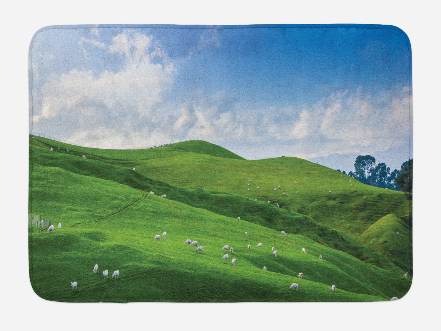Rustic Bath Mat, Sheep under Blue Sky Trees Grassland Highland Nature ...