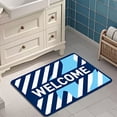 A blue and white twill welcome mat made of highly absorbent ...