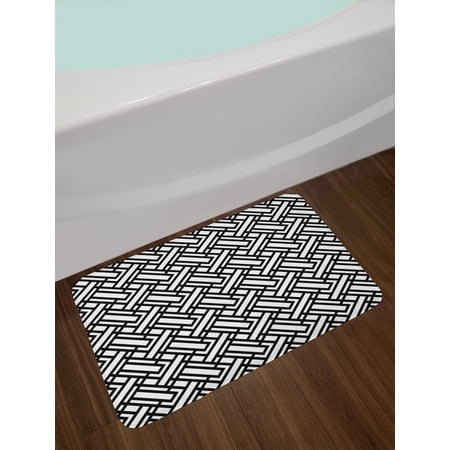 Black and White Bath Mat, Monochrome Interlocking Stripes Pattern with ...
