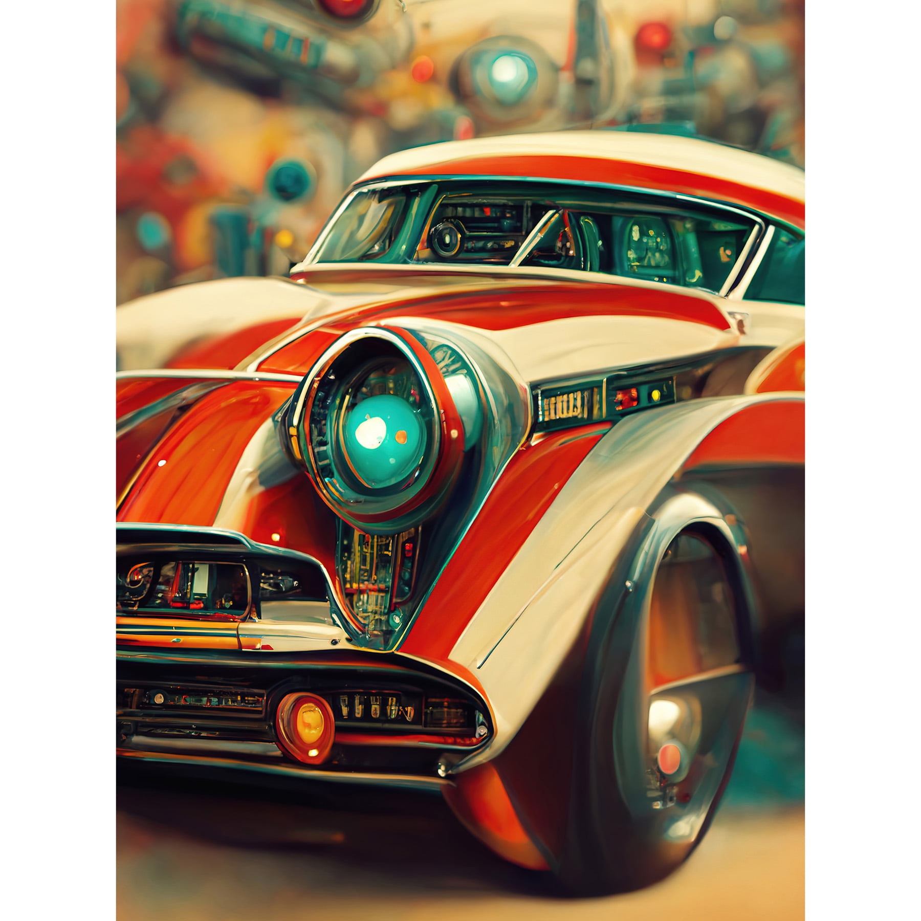 Atompunk Retro Striped Red Classic Car In Repair Shop Kids Unframed ...