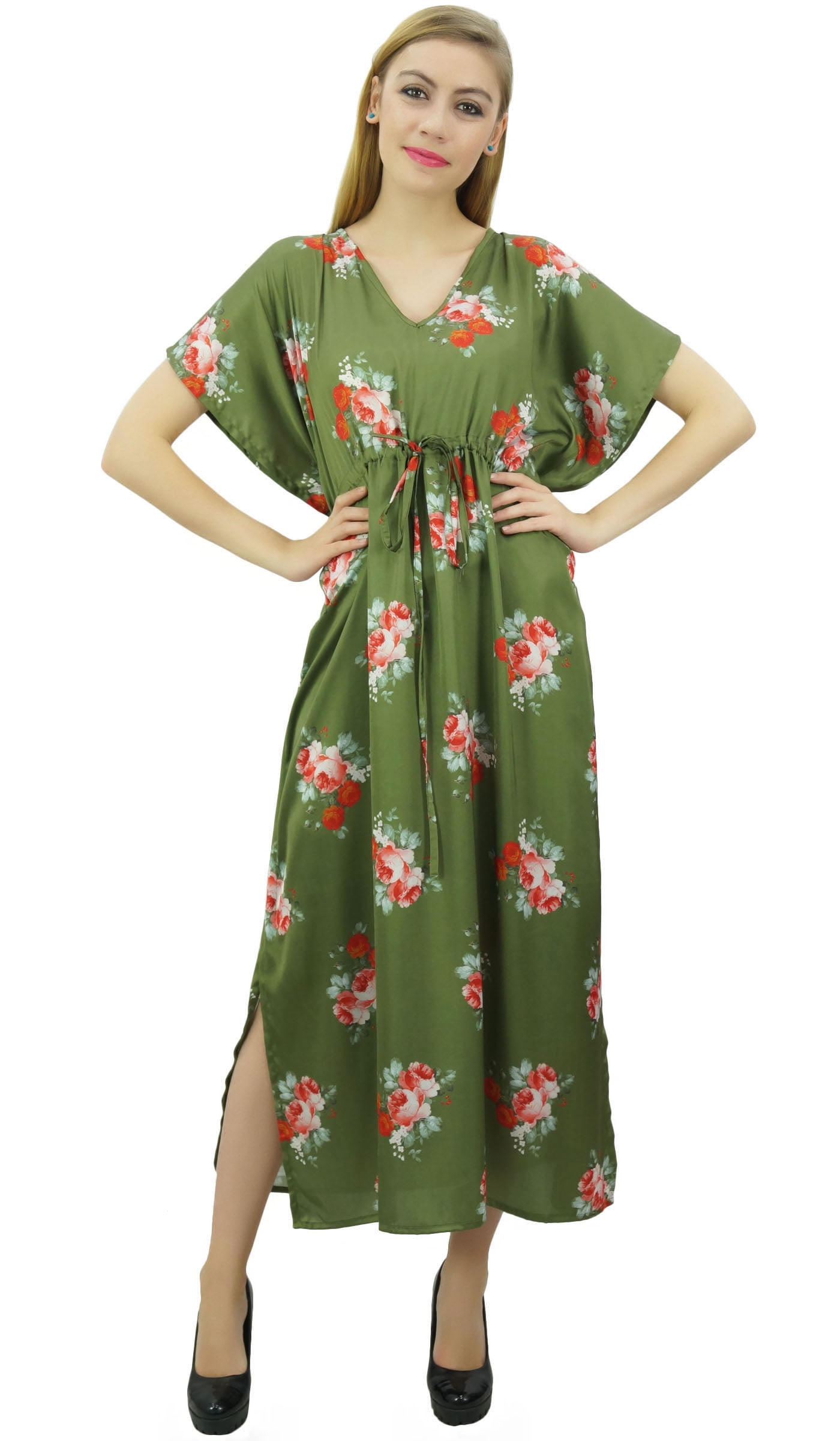 Bimba Floral Green Satin Kimono Long Bridesmaid Cover Up Drawstring ...