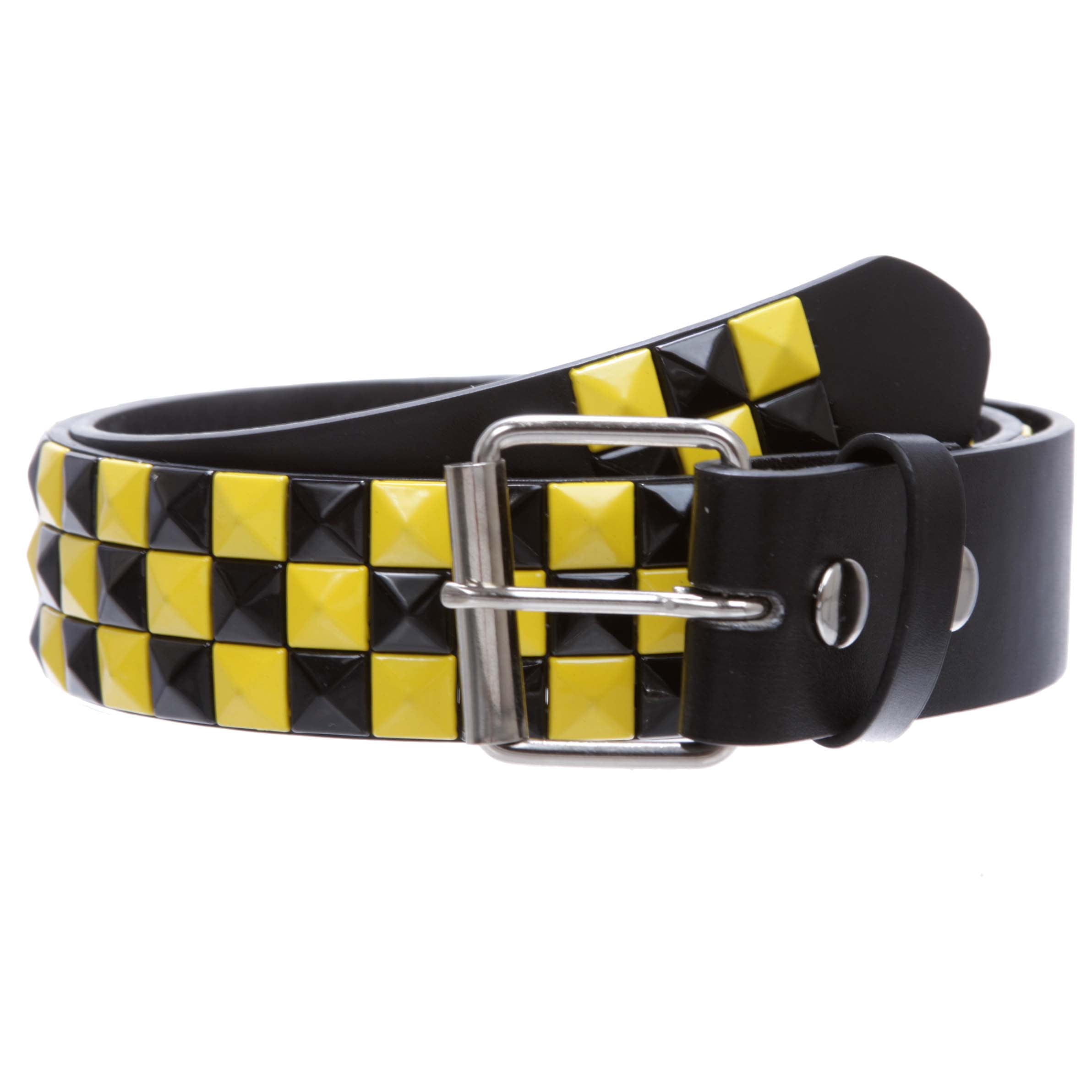 Snap On Punk Rock Star Studded Black & Yellow Checkerboard Leather Belt ...