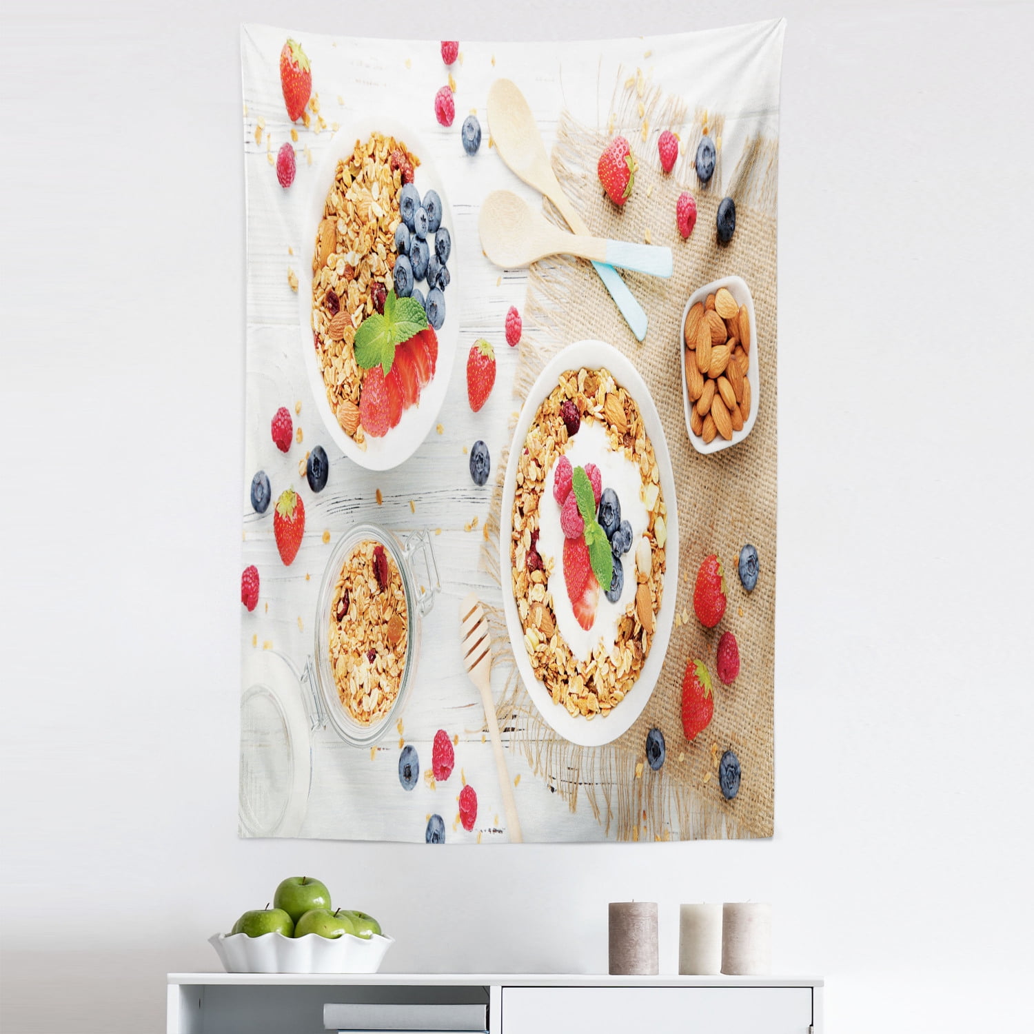 Food Tapestry, Breakfast Fruits Cereal Granola Fresh Berry and Spoons ...