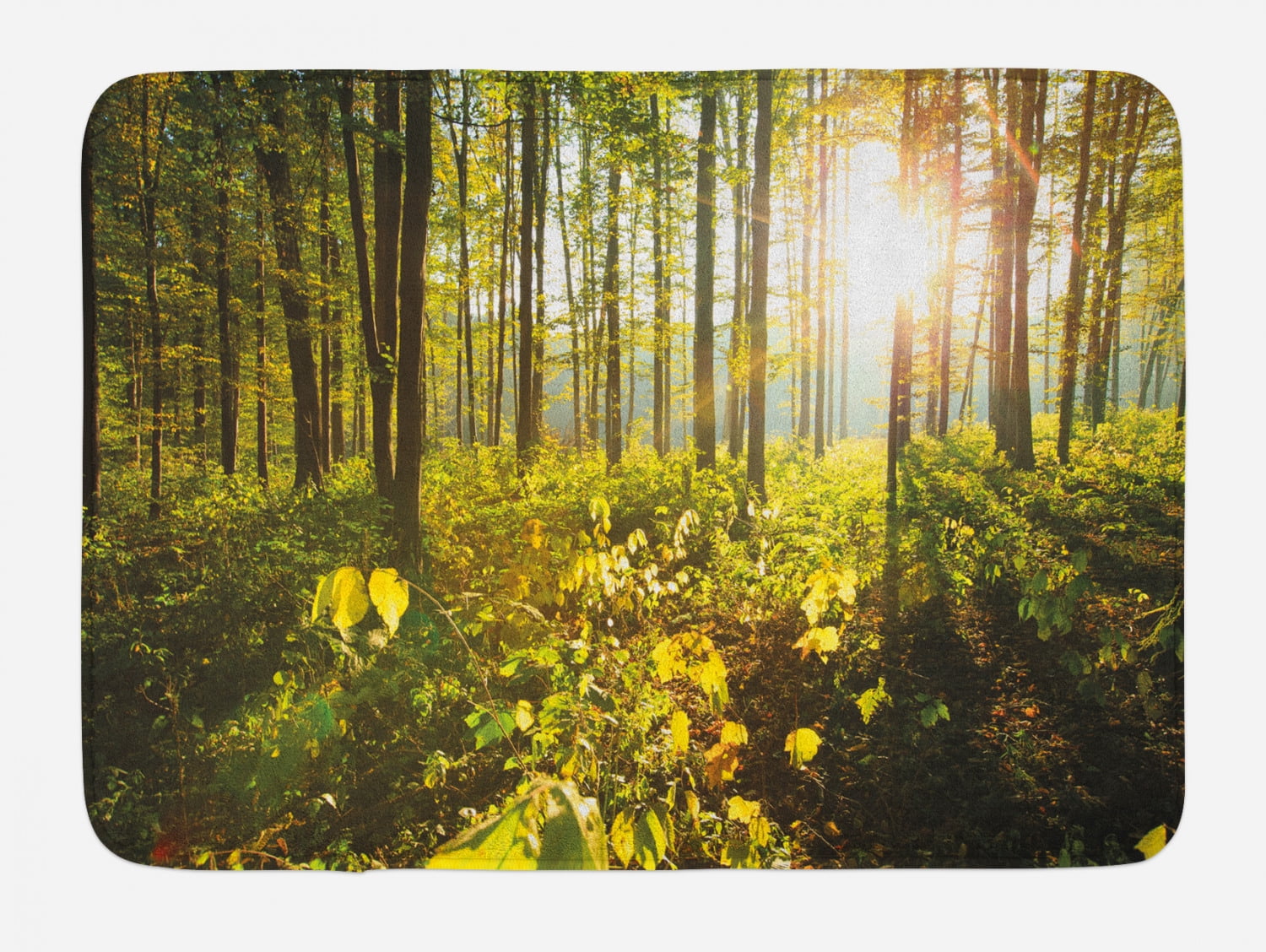 Forest Bath Mat, Trees Sun Rays in Woods Foliage Greenery Scenic ...