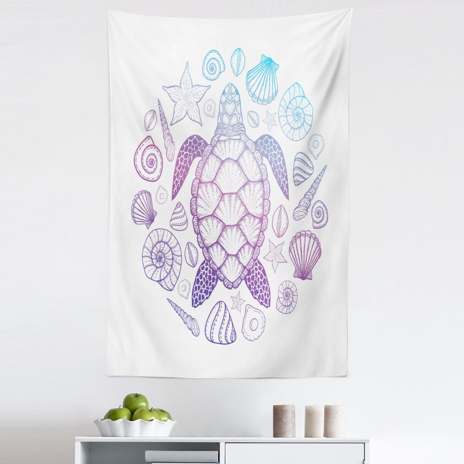 Turtle Tapestry, Colorful Marine Fauna with Ombre Effect Hand Drawn ...
