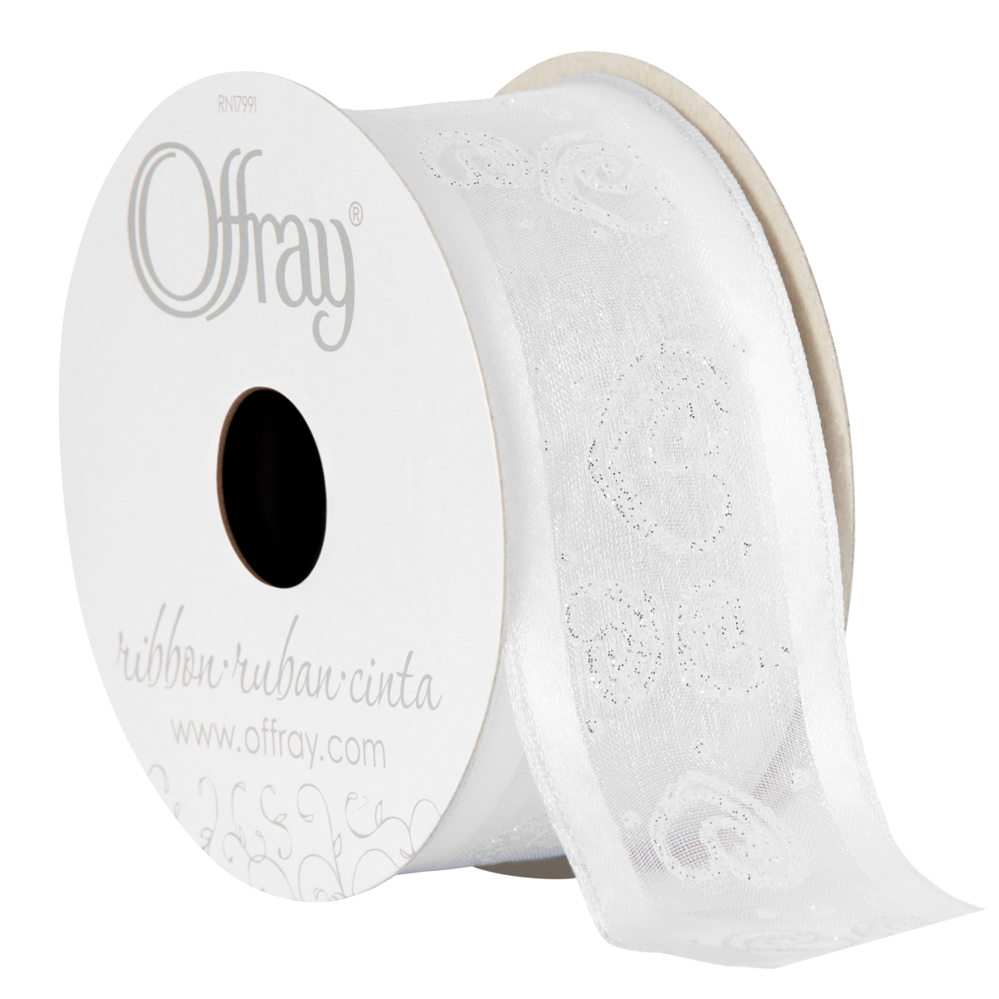 Offray Ribbon, White 1 1/2 inch Wired Edge Sheer Sheer Ribbon, 9 feet ...