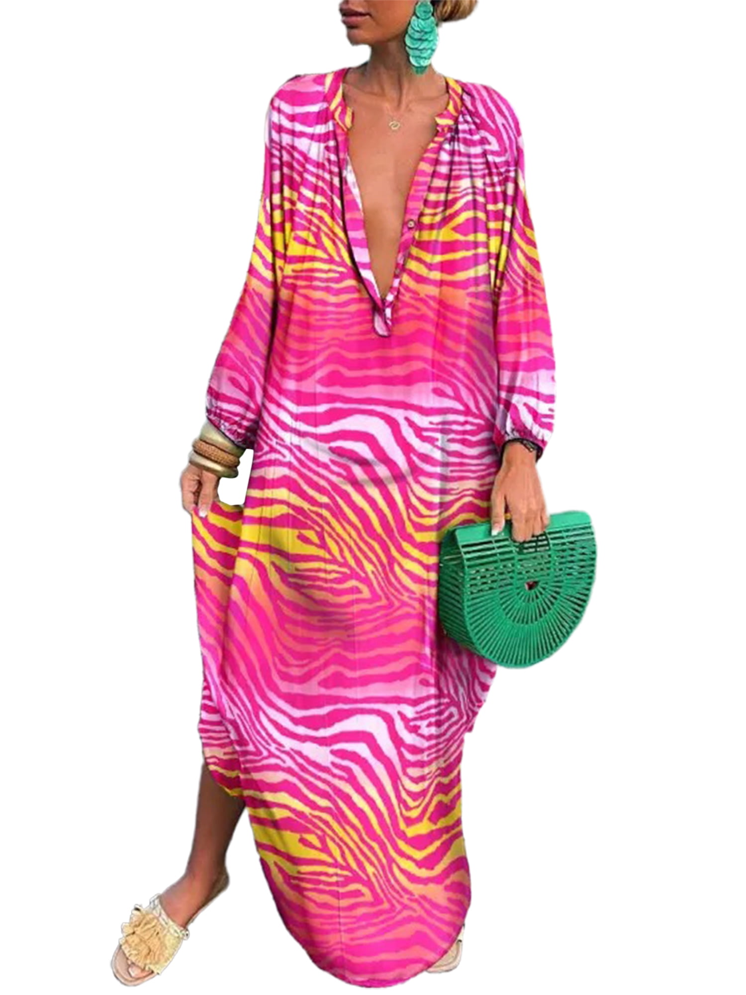 Capreze Women Zebra Print Maxi Dresses Loose Color Block Dress Autumn V ...