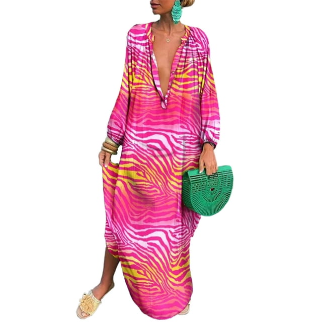 Capreze Women Zebra Print Maxi Dresses Loose Color Block Dress Autumn V ...