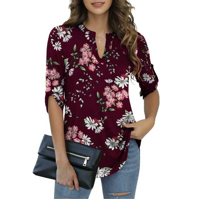 Letdiosto Womens Plus Size Shirts 3 4 Roll Sleeve V Neck Floral Flowy