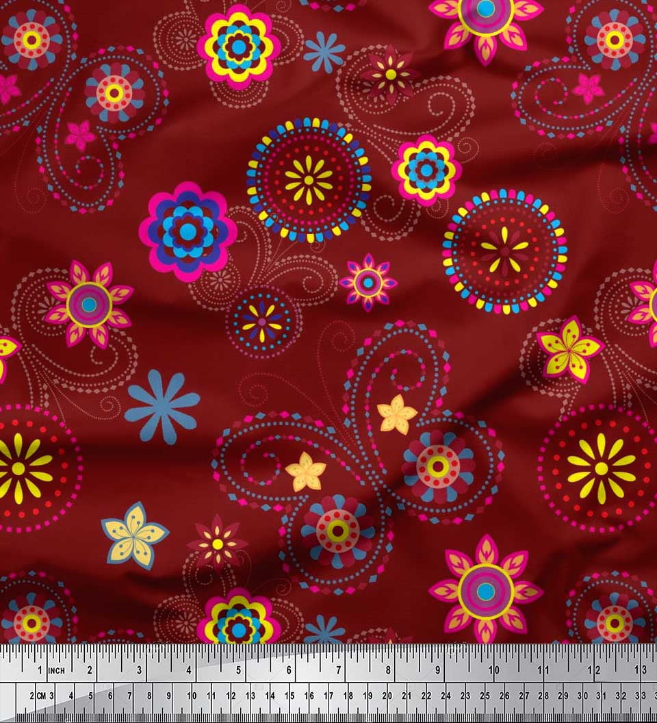 Soimoi Red Satin Silk Fabric Insect & Floral Clip Art Print Fabric by ...