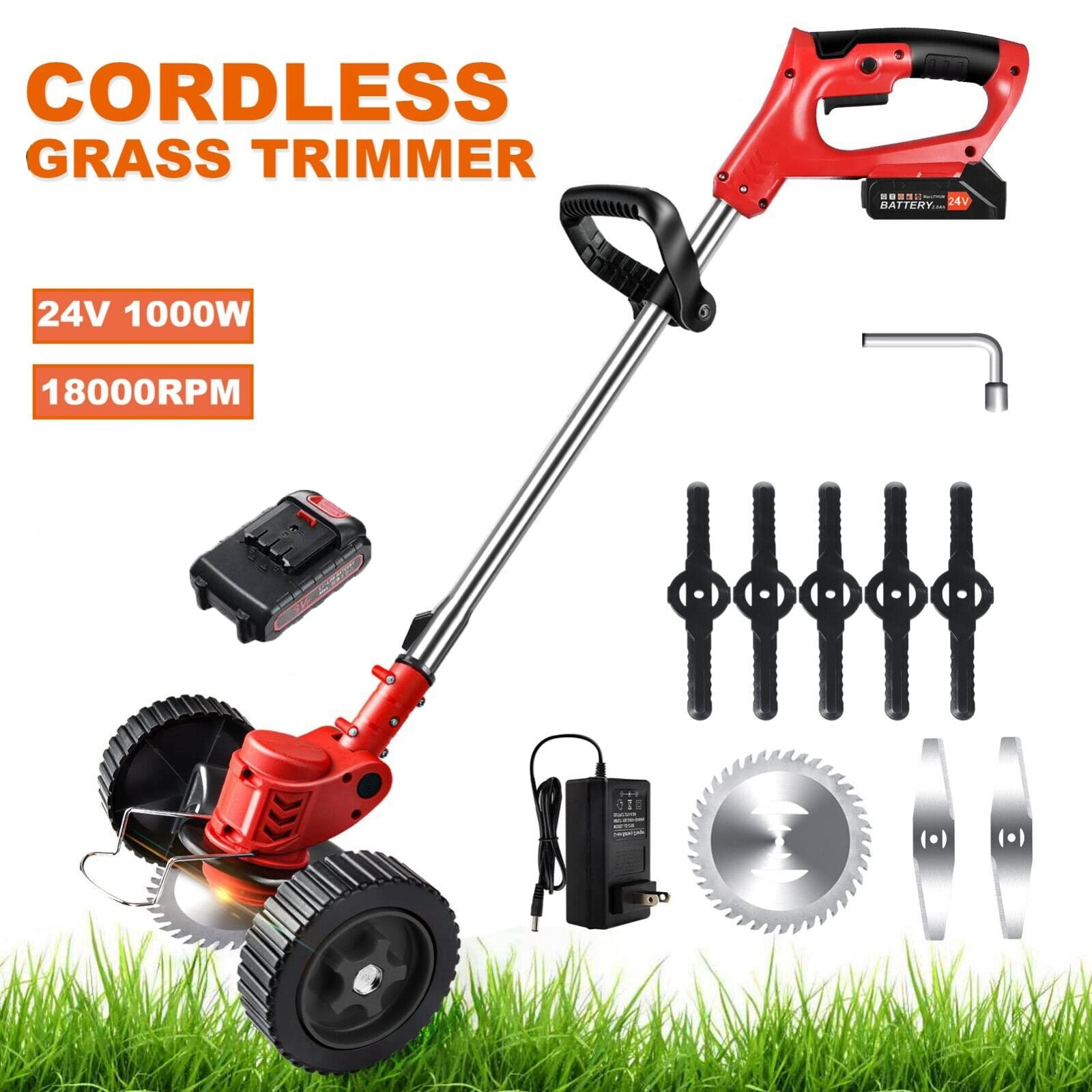 iMeshbean Cordless Grass String Trimmer Battery Powered, 24V with Wheels & 1 Pack 6.0Ah Li-Ion ...