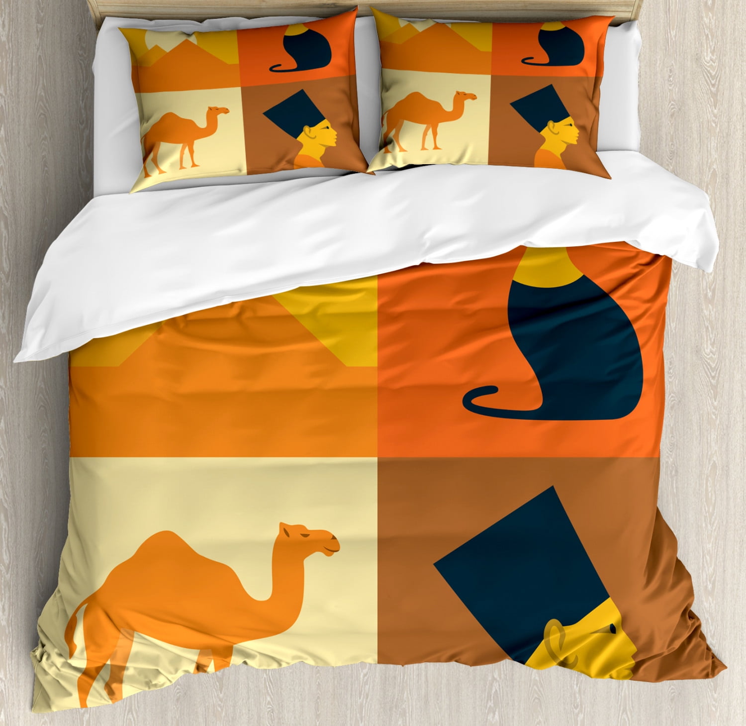 Vintage Egyptian Duvet Cover Set King Size, Camel Pyramids Emperor Cat ...