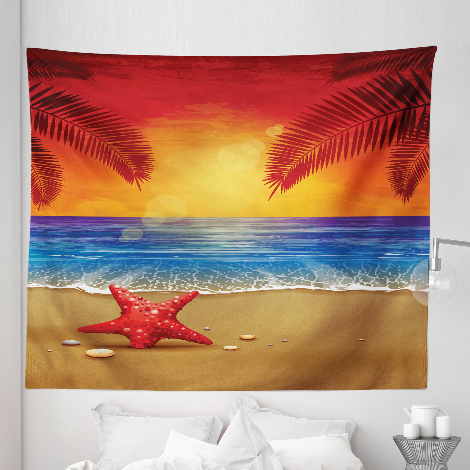 Summer Tapestry, Sunset Cartoon Illustration Beach Summer Starfish Palm ...