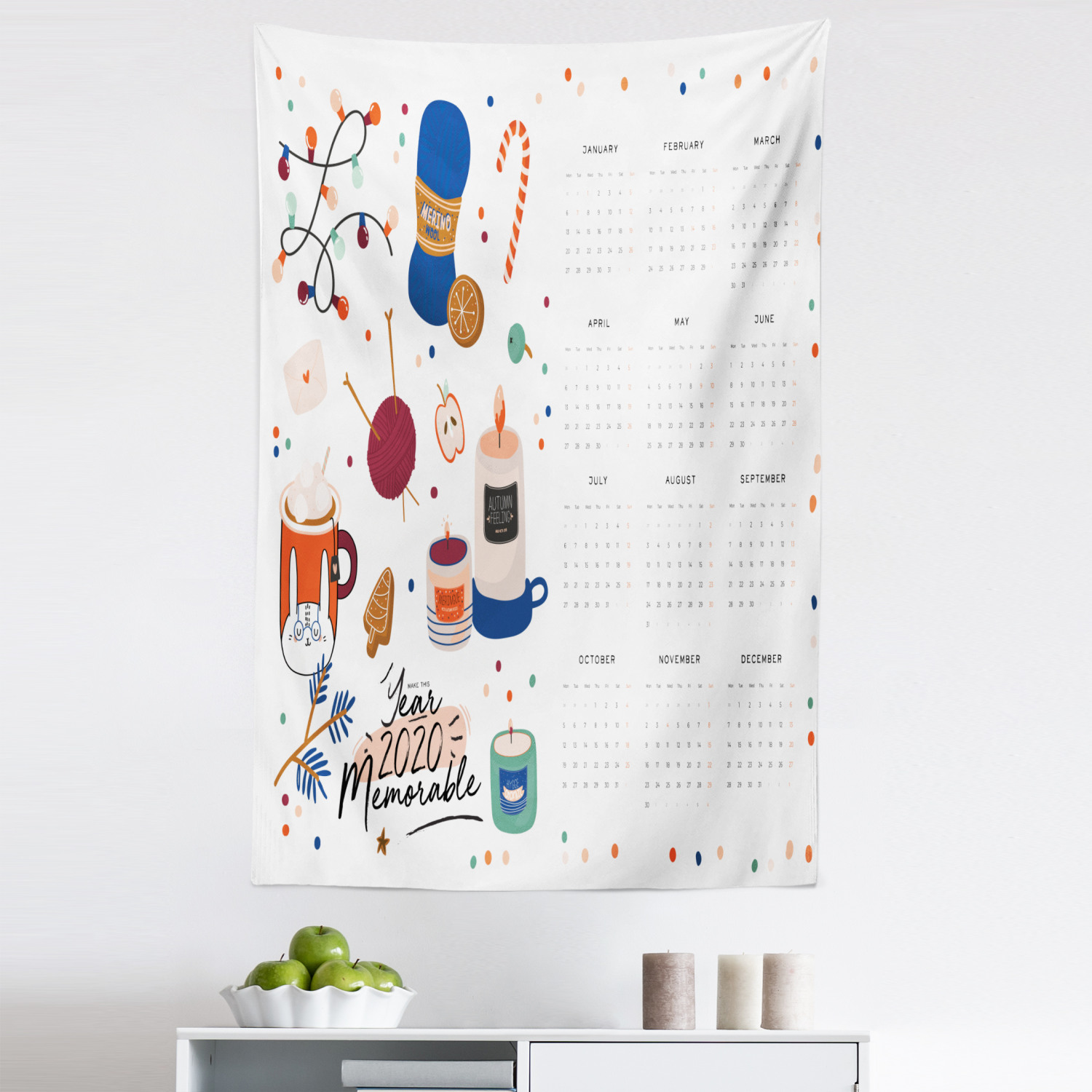 Calendar 2020 Tapestry, Happy Year Design Polka Dots Sewing Concept ...