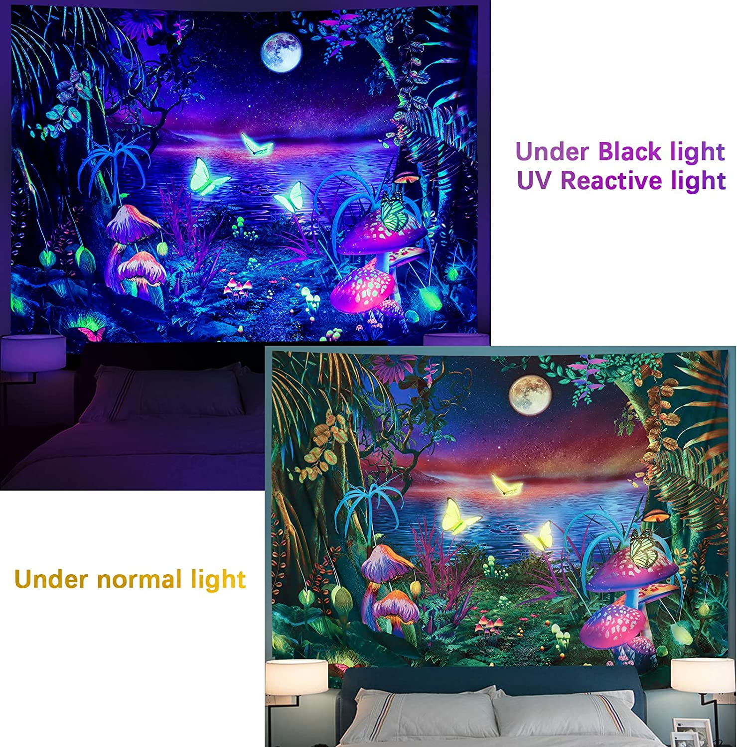 Trippy Bedroom Decor Blacklight Mushroom Tapestry - UV Reactive Forest ...