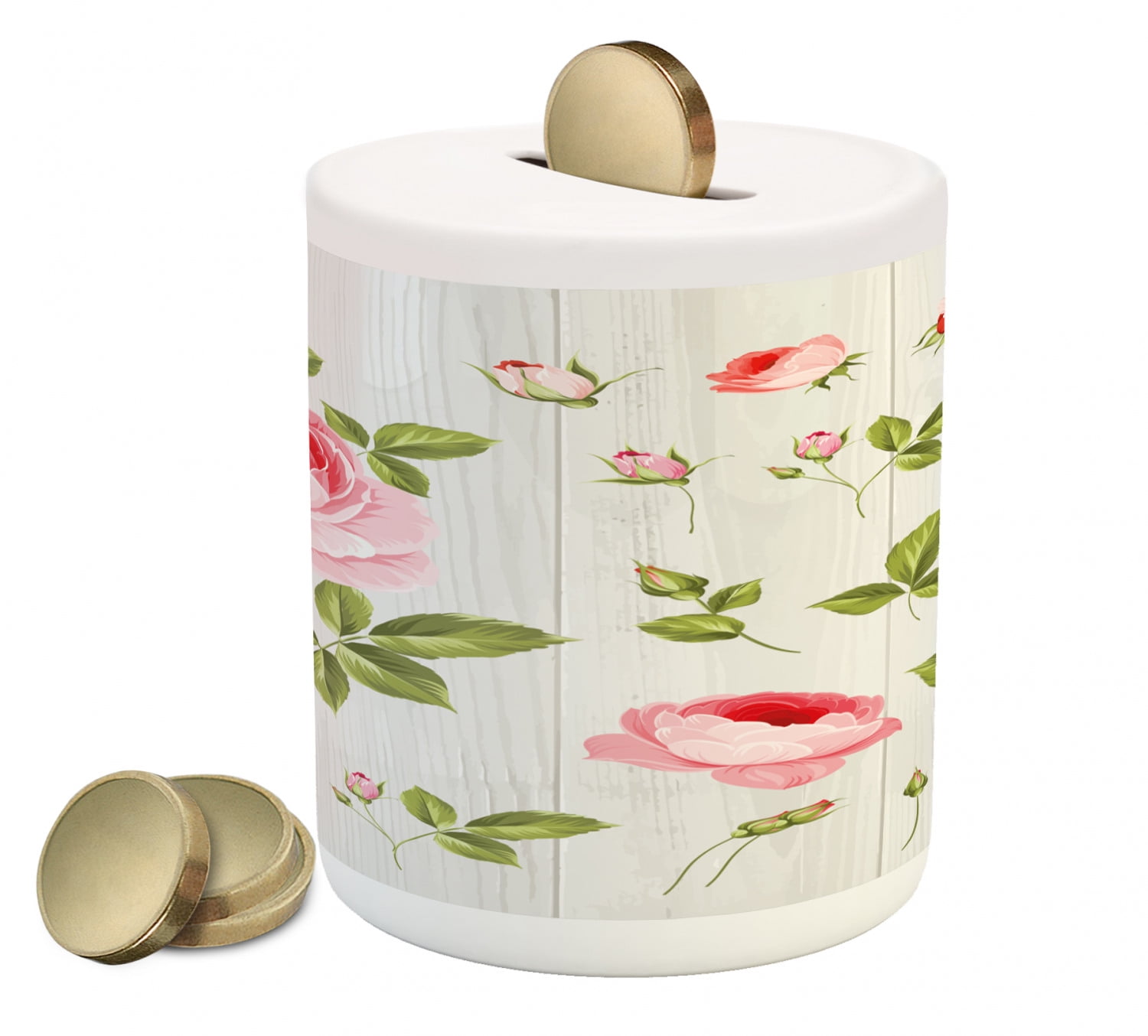 Floral Piggy Bank, Vintage Rose Petals over Wooden Board Background ...