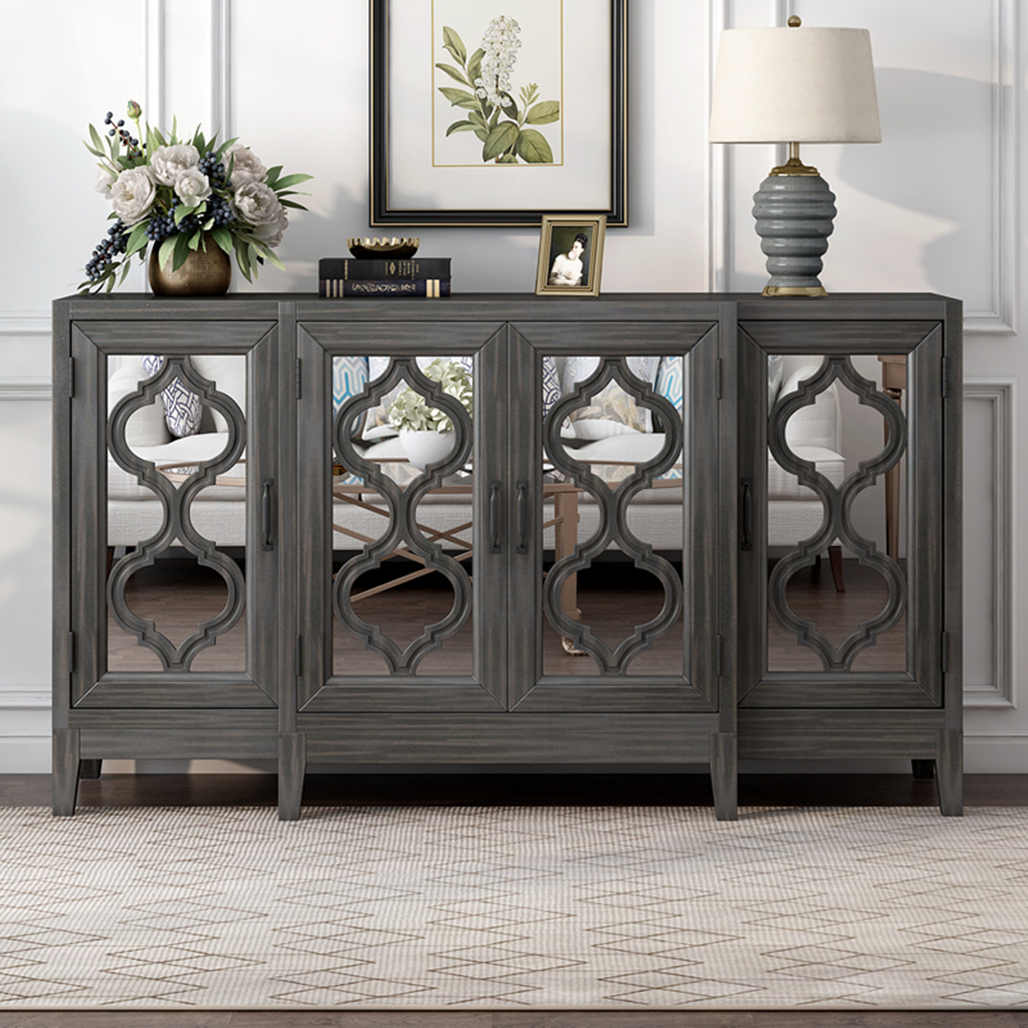 59.8" Mirrored Console Table Sideboard with 4 Cabinets and 3 Adjustable ...
