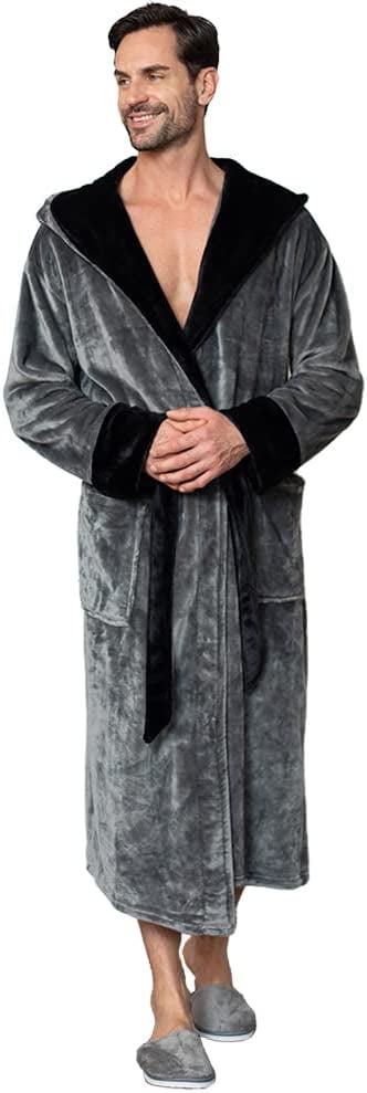 LOTUS LINEN Mens Plush Hooded Robe - Long Fleece Spa Bathrobe for Men ...