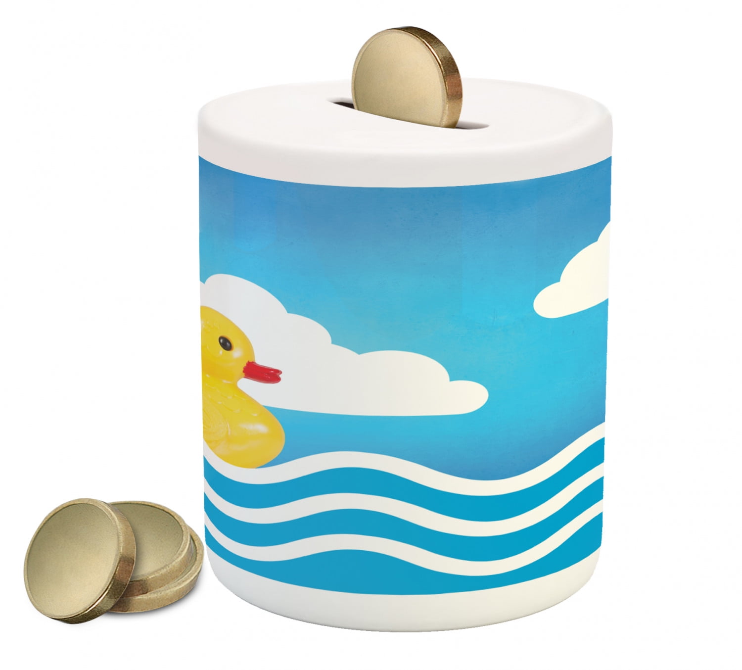 Rubber Duck Piggy Bank, Yellow Toy on Wavy Water Inspired Stripes ...