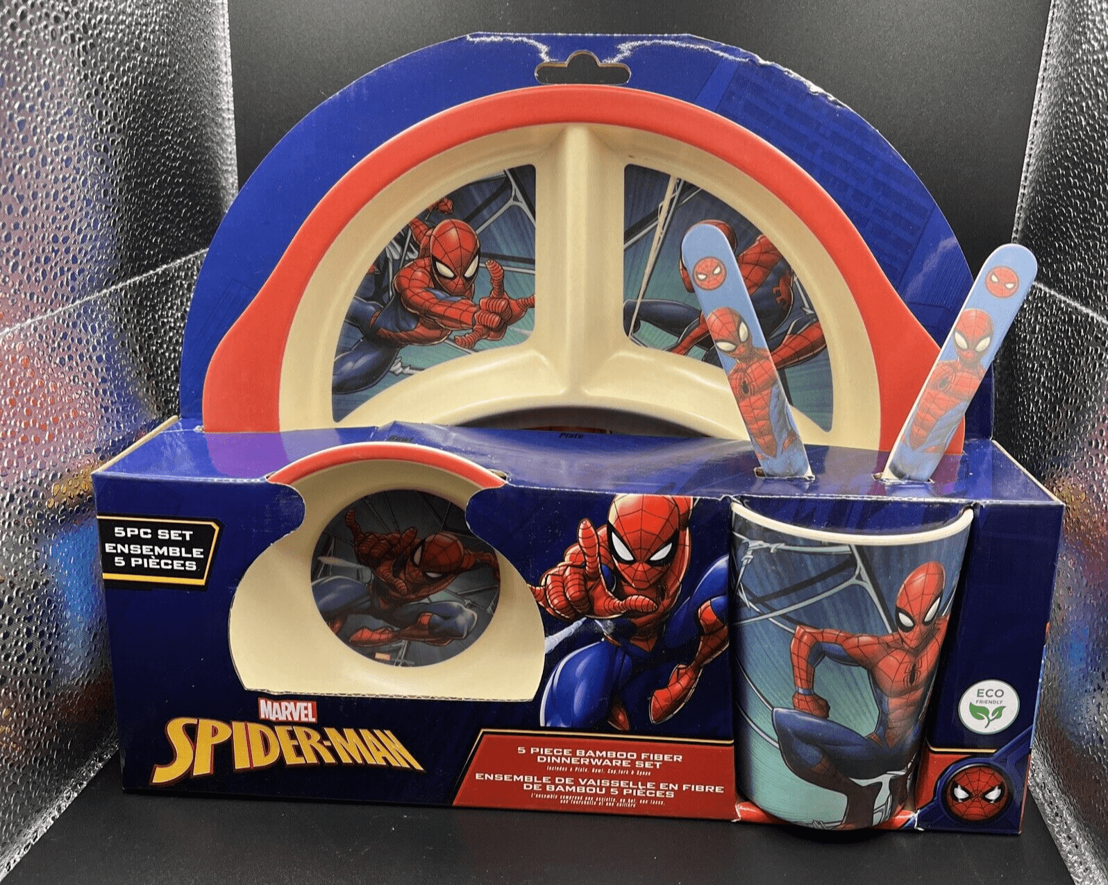 Marvel Spiderman Bamboo 5 Piece Dinnerware Set Plate Bowl Cup Fork ...