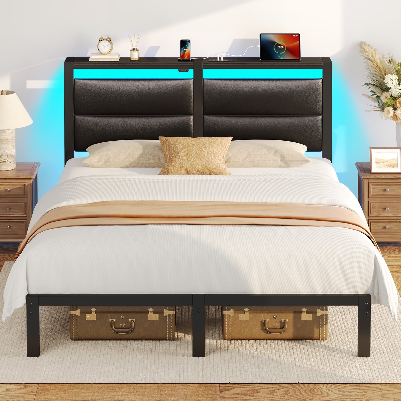 Greenstell Full Size LED Light Bed Frame with Storage Wooden Headboard ...