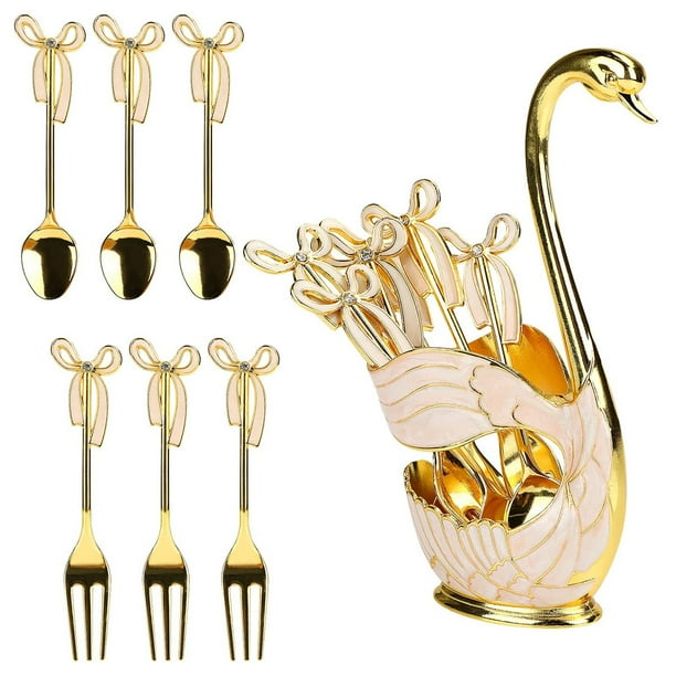 Metal Dessert Pastry Spoons Forks Set with Storage Fruit Dessert Holder ...