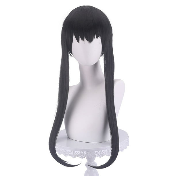 Peluca larga para cosplay negra con flequillo romo, 45 cm, Synt ...