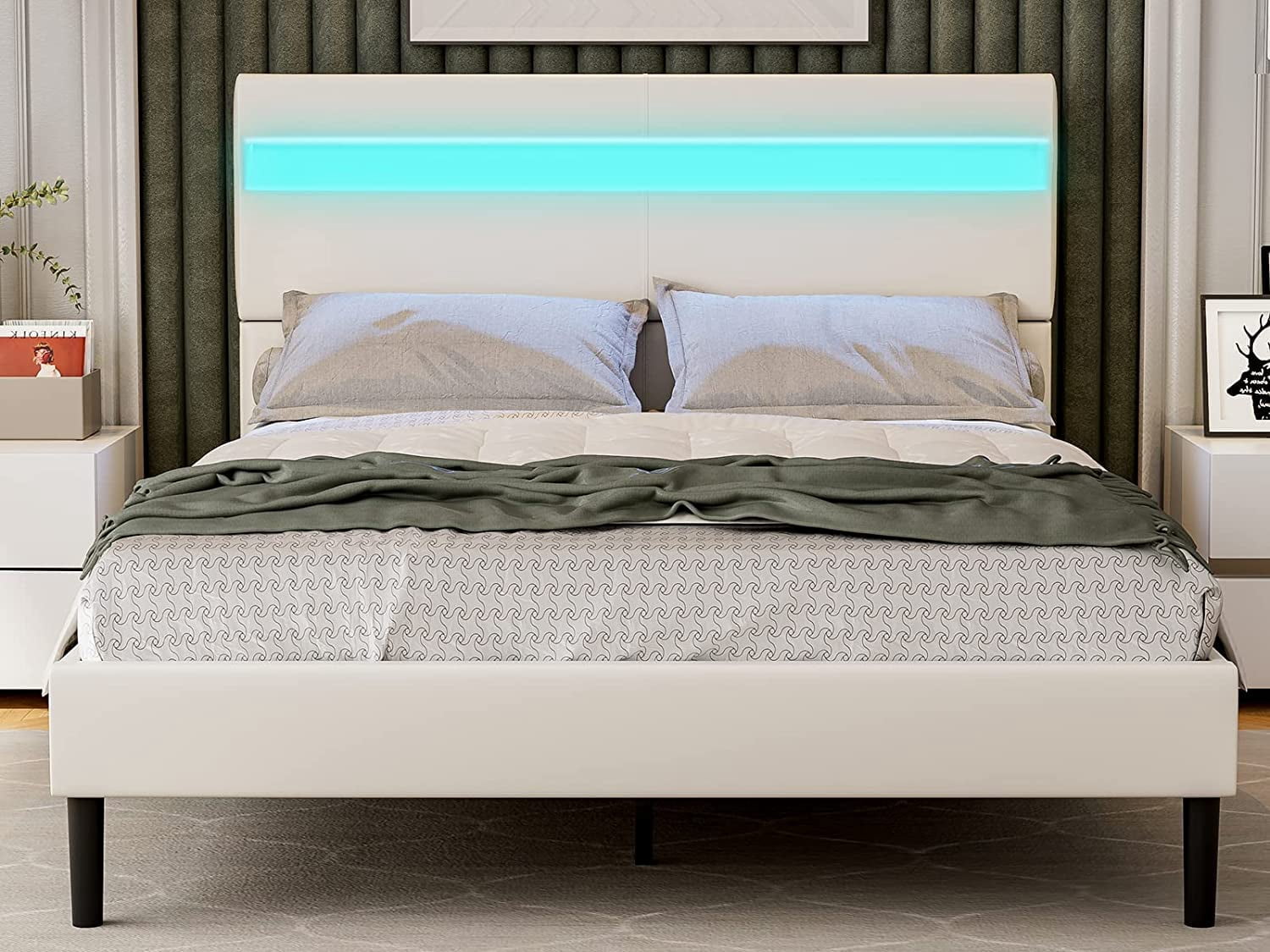 IKIFLY Modern LED Bed Frame - White Upholstered Nepal | Ubuy