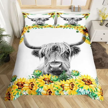 Highland Cow Comforter Cover Set King Size Bull Cattle Bedding Set Yellow Sunflower Print Duvet ...