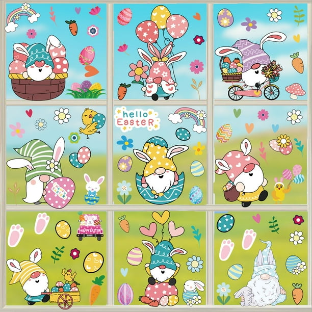 AVEKI 88 pcs Easter window stickers, cute bunny egg gnome dwarf ...