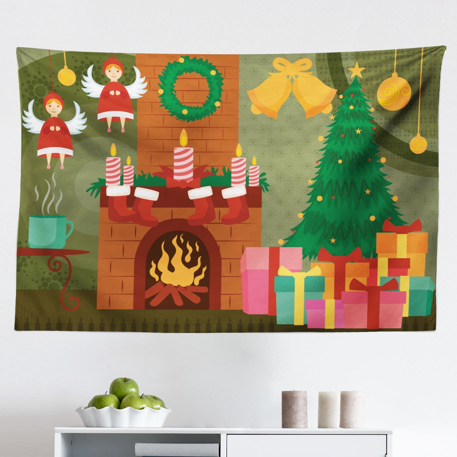 Fireplace Tapestry, Cartoon Design Living Room Look with Christmas ...