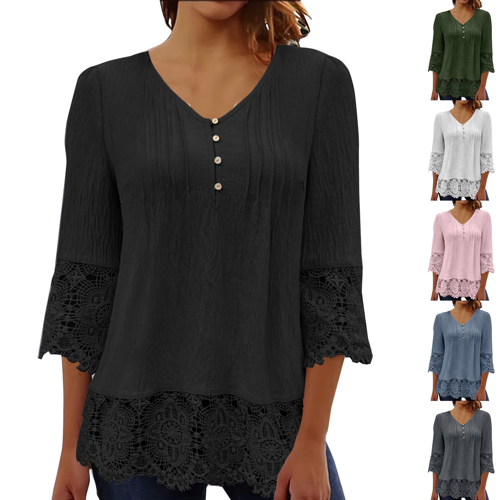 Click here for Qipopiq Womens 3/4 Sleeve Lace Hem Shirts Peasant... prices