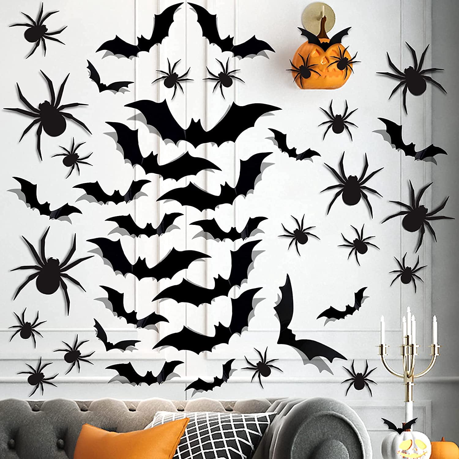 Halloween Decoration Stickers,Bat Spider Stickers,72pcs Halloween Scary ...