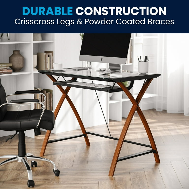 Flash Furniture Jude Tempered Glass Computer Desk with Pull Out Keyboard Tray Cherry Clear