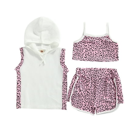 Pudcoco Kid Camisole + Shorts + Hooded Vest, Leopard Print Sport Style ...