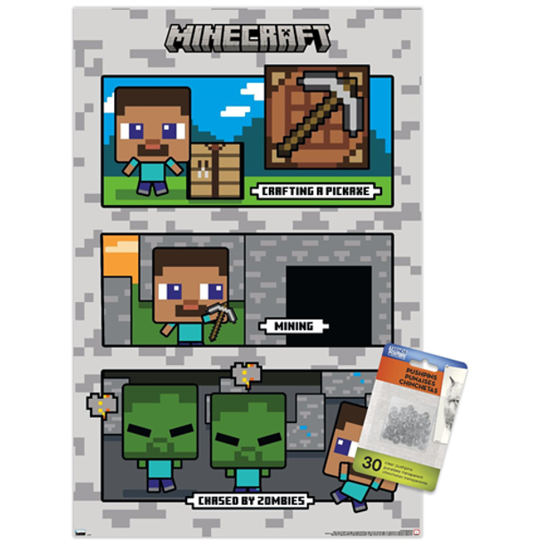 Minecraft - Chibi Chased By Zombies Wall Poster with Push Pins, 14.725 ...
