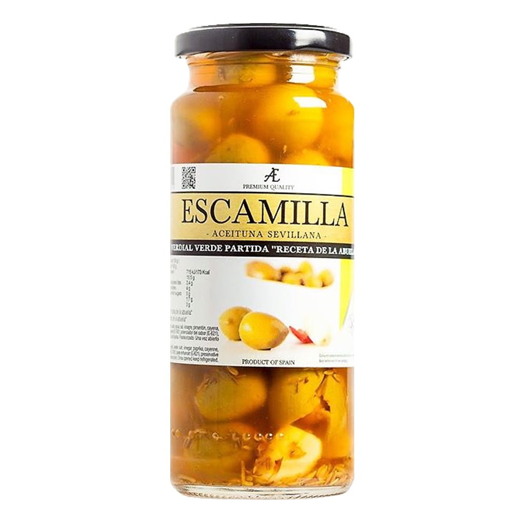 Aceituna Escamilla Aliño de aceitunas verdial con pimiento rojo, ajos y ...