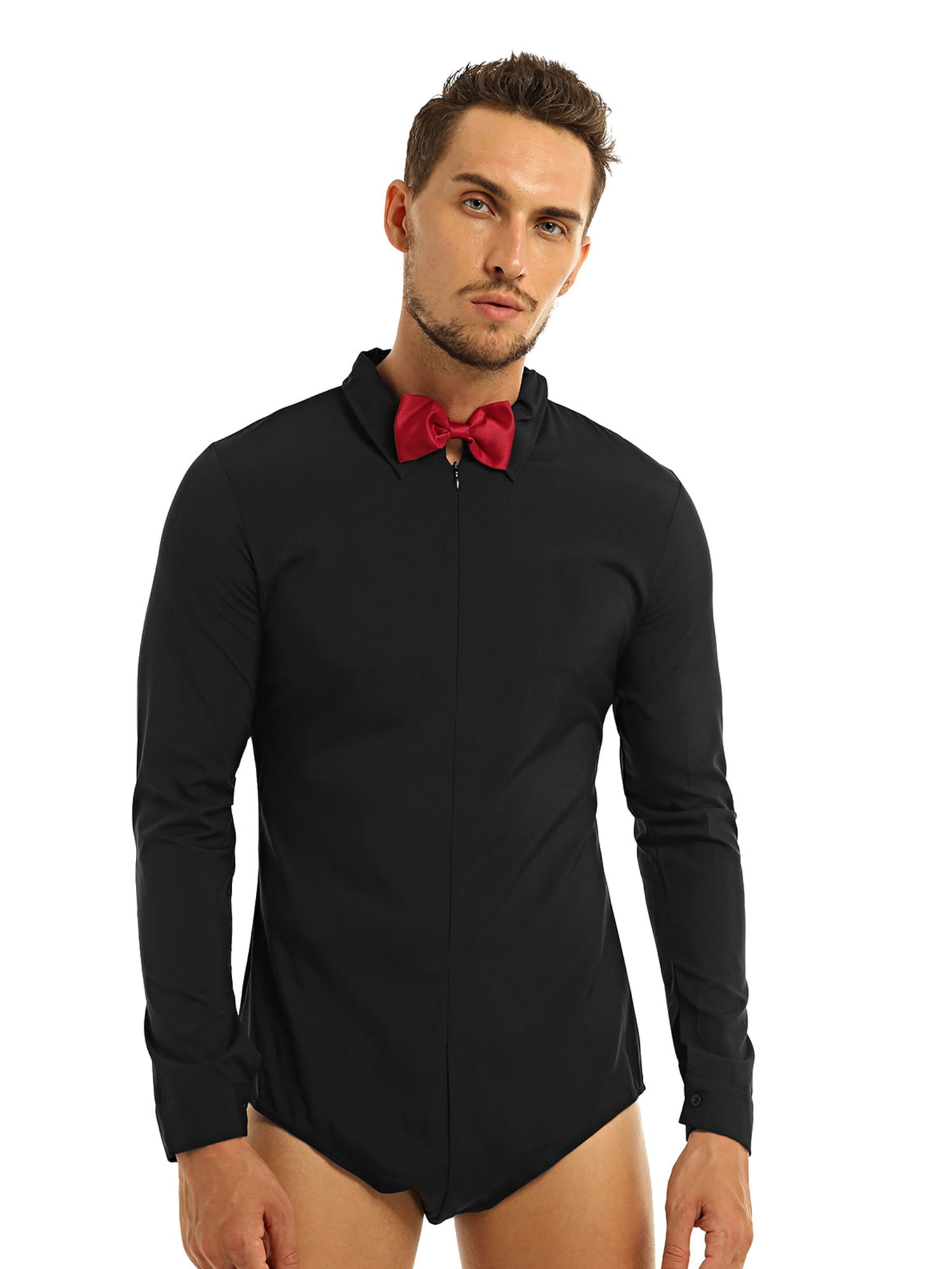 iiniim Men's Long Sleeve Zipper Front Romper Shirt One-Piece Bowtie ...