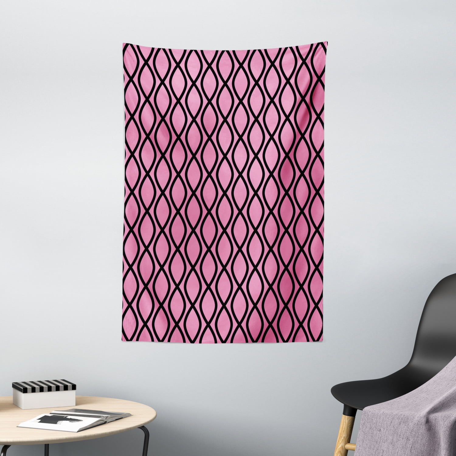 Hot Pink Tapestry, Vertical Wavy Lines Tangled Stripes Curves Girlish ...