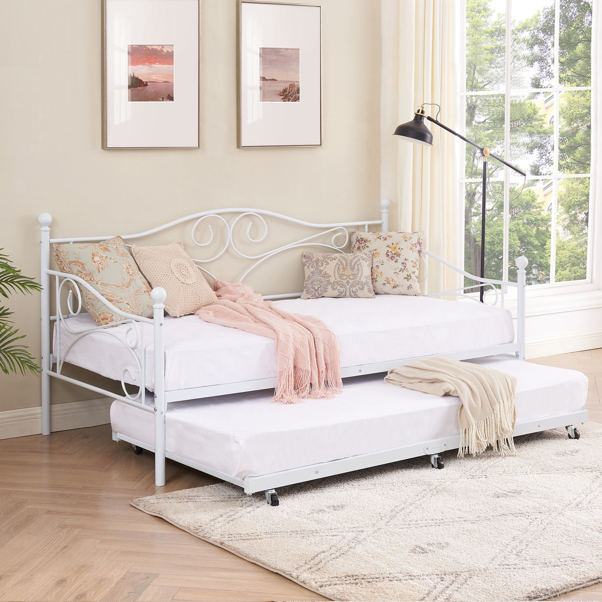 VECELO Twin Metal Daybed Frame with Trundle, Mattress Foundation Sofa ...