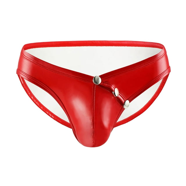 Iroinnid Mens Thong Underpants Patent Leather Sexy Low Waist Buttoned