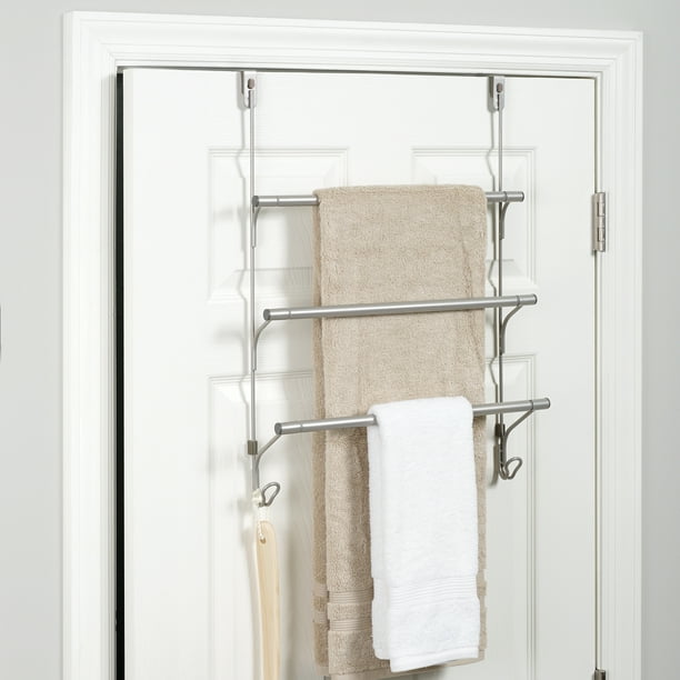 Mainstays SnugFit over-the-Door 3-Tier Towel Bar with 2 Hooks, Satin ...